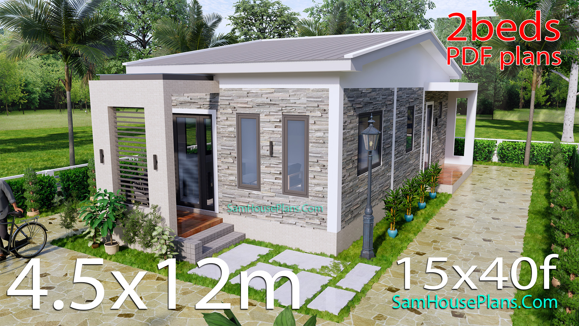 4.5x12 Small House Plans 2 Beds Gable Roof Full Plans - SamHousePlans