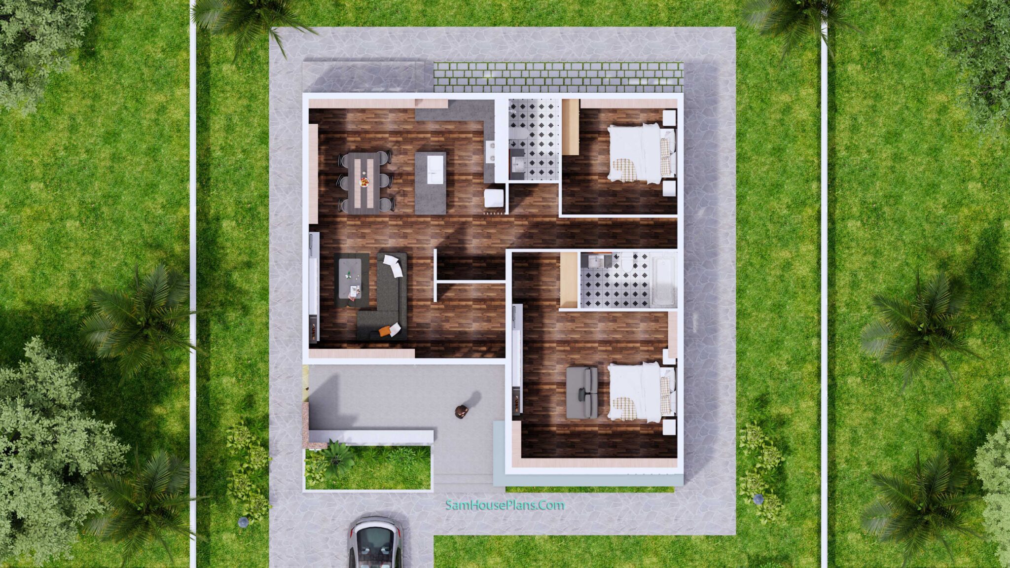House Design Plans 12x12 Hip Roof 2 Bedrooms - SamHousePlans