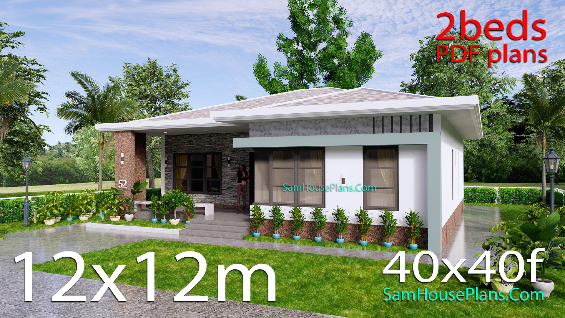 House Design Plans 12x12 Hip Roof 2 Bedrooms - SamHousePlans