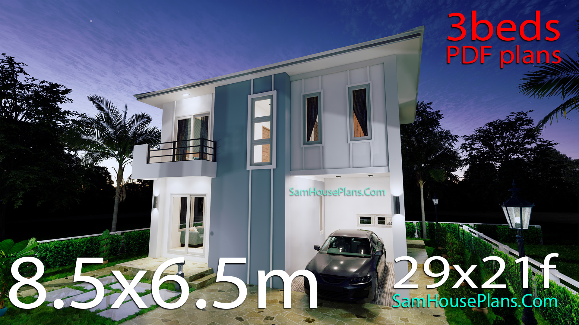 House Plans Design 8.5X6.5 M 3 Beds PDF Full Plans - SamHousePlans
