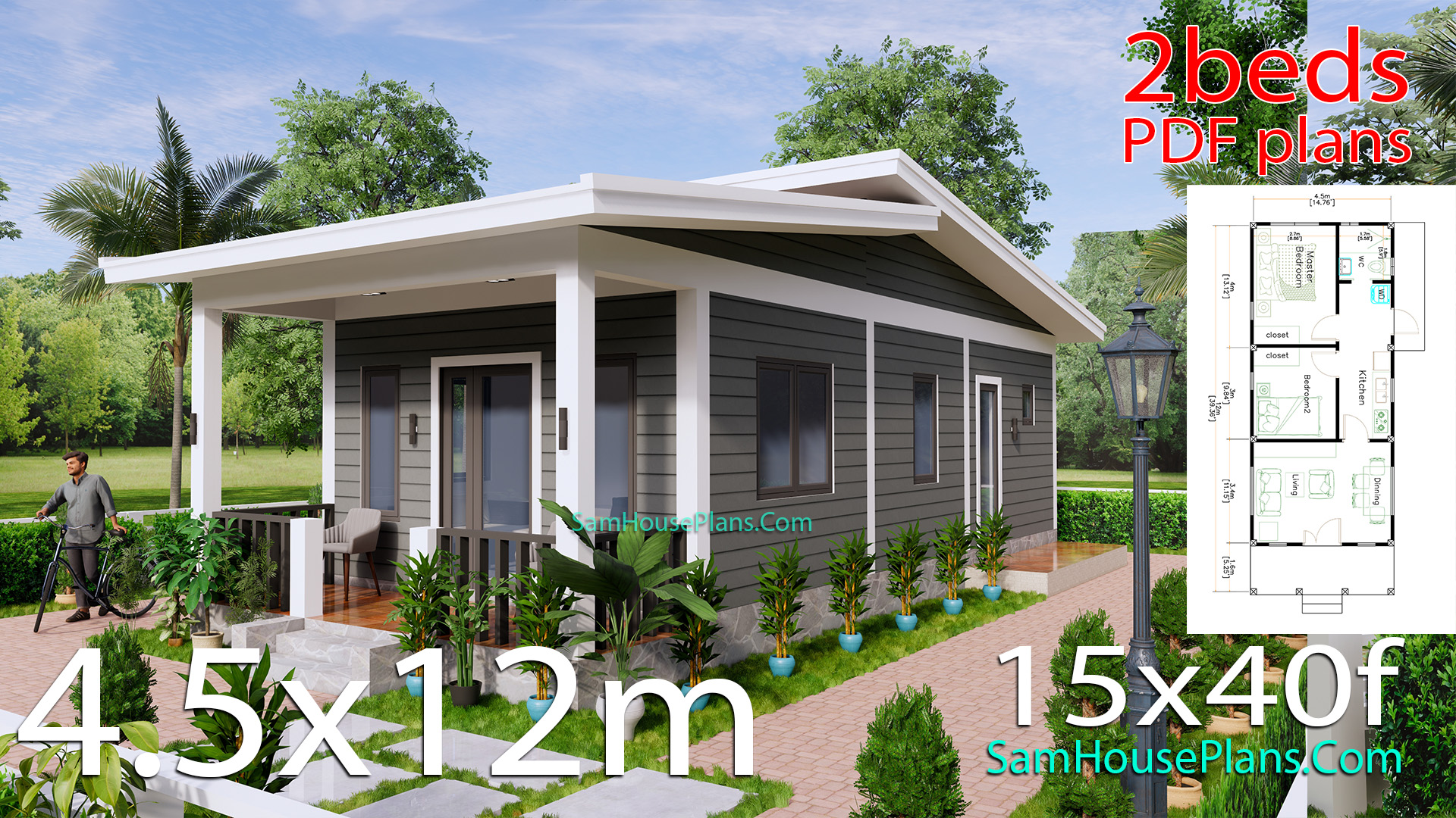 4.5x12 Small House Design 2 Bedrooms Shed Roof - SamHousePlans
