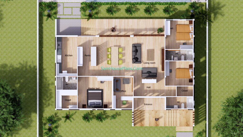 House Design Plan 17x13 with 3 Bedrooms 53x43 Feet - SamHousePlans
