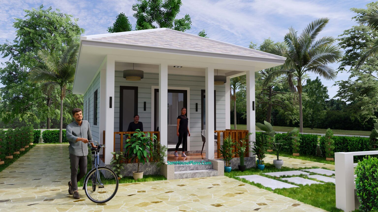 Small House Design 4.5x12 Meters 2 Beds Hip Roof - SamHousePlans