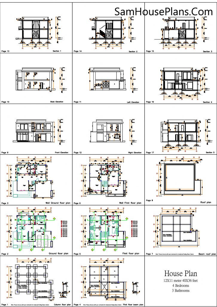 House design 12x11 M with 4 Bedrooms Pdf Full Plan - SamHousePlans