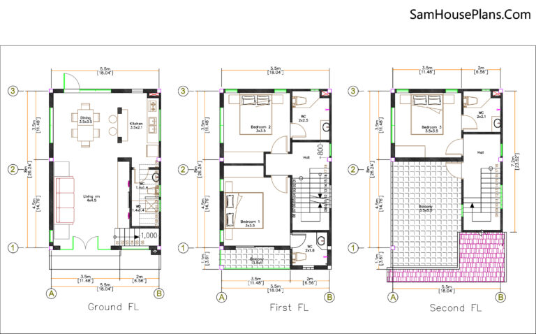 Small House Design 5.5x8 Meter 3 Bedrooms PDF Full Plan - SamHousePlans