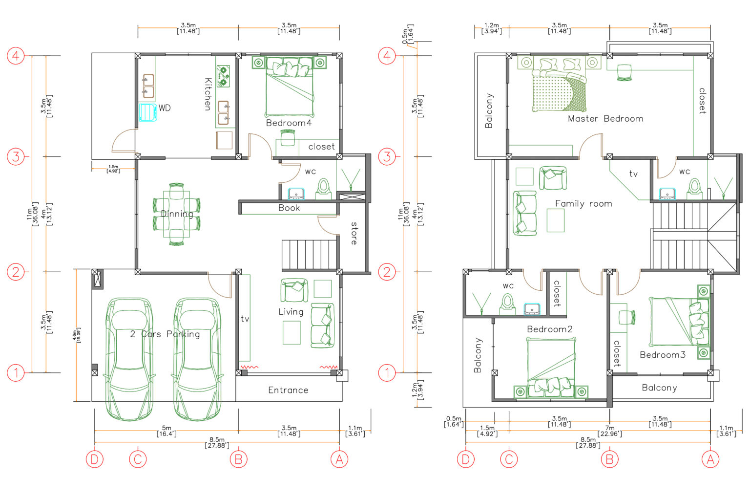 28x36 Feet House Plans 8.5x11 Meter 4 Beds 3 Baths PDF Plan - SamHousePlans