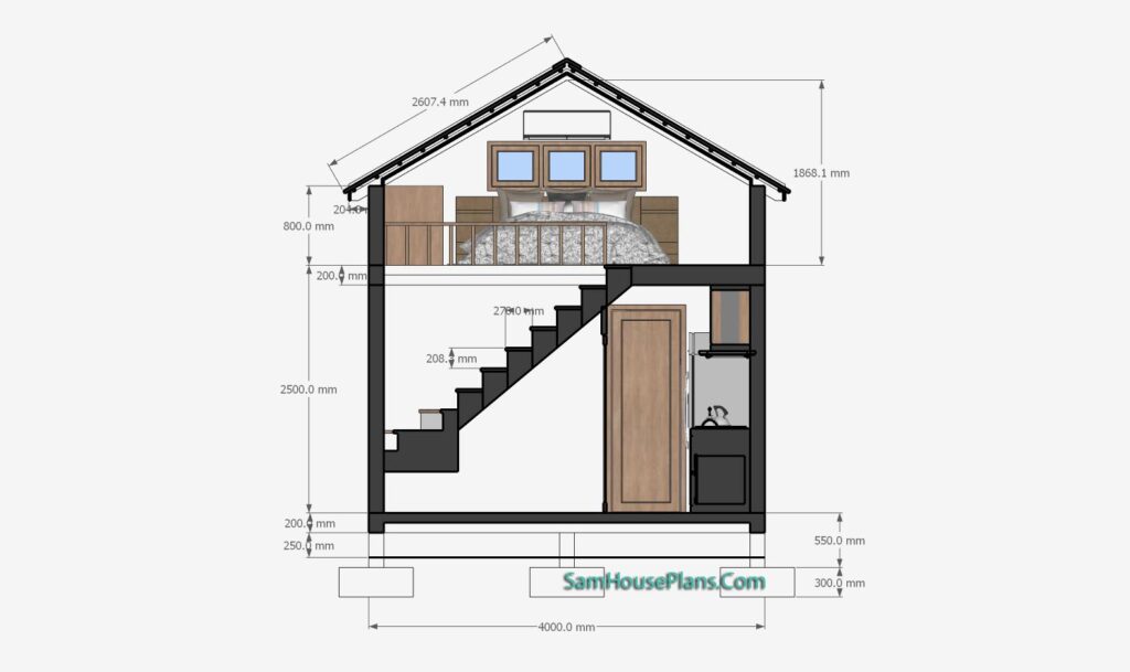 4x7 Classy 2 Beds Loft Type Tiny Free House Plan - SamHousePlans