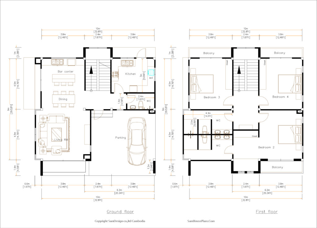 33x30 House Design Plan 10x9 Meter 5 Beds 4 Baths - SamHousePlans