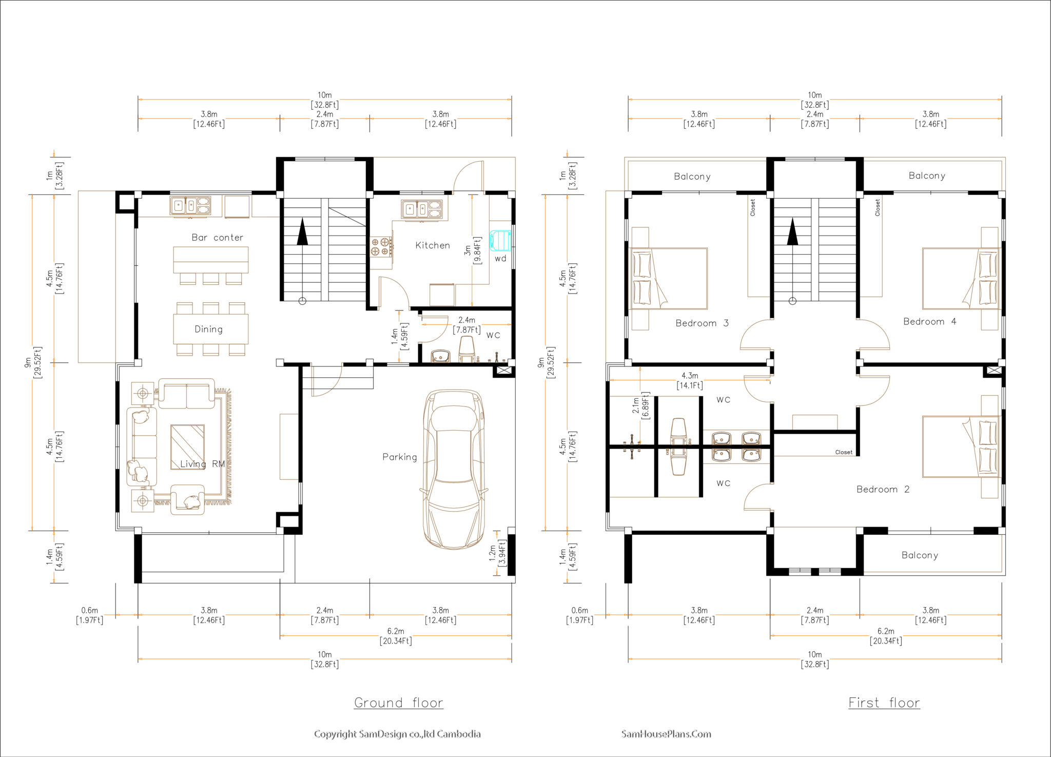 33x30 House Design Plan 10x9 Meter 5 Beds 4 Baths - SamHousePlans