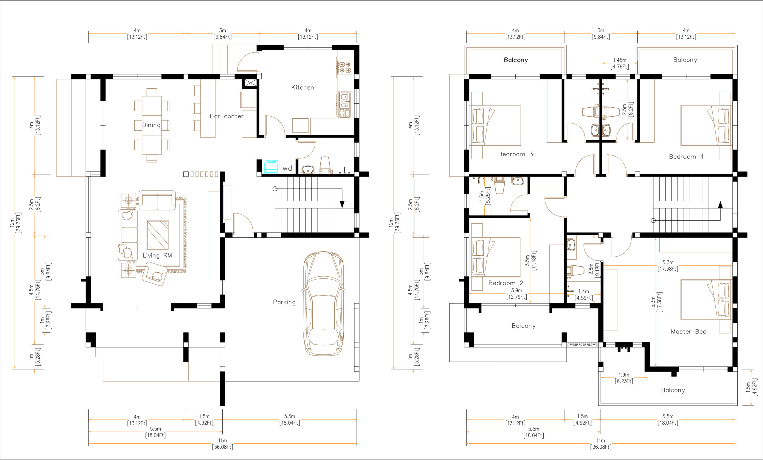 36x40 Modern House Plan 11x12 Meter 4 Beds 4 Baths - SamHousePlans