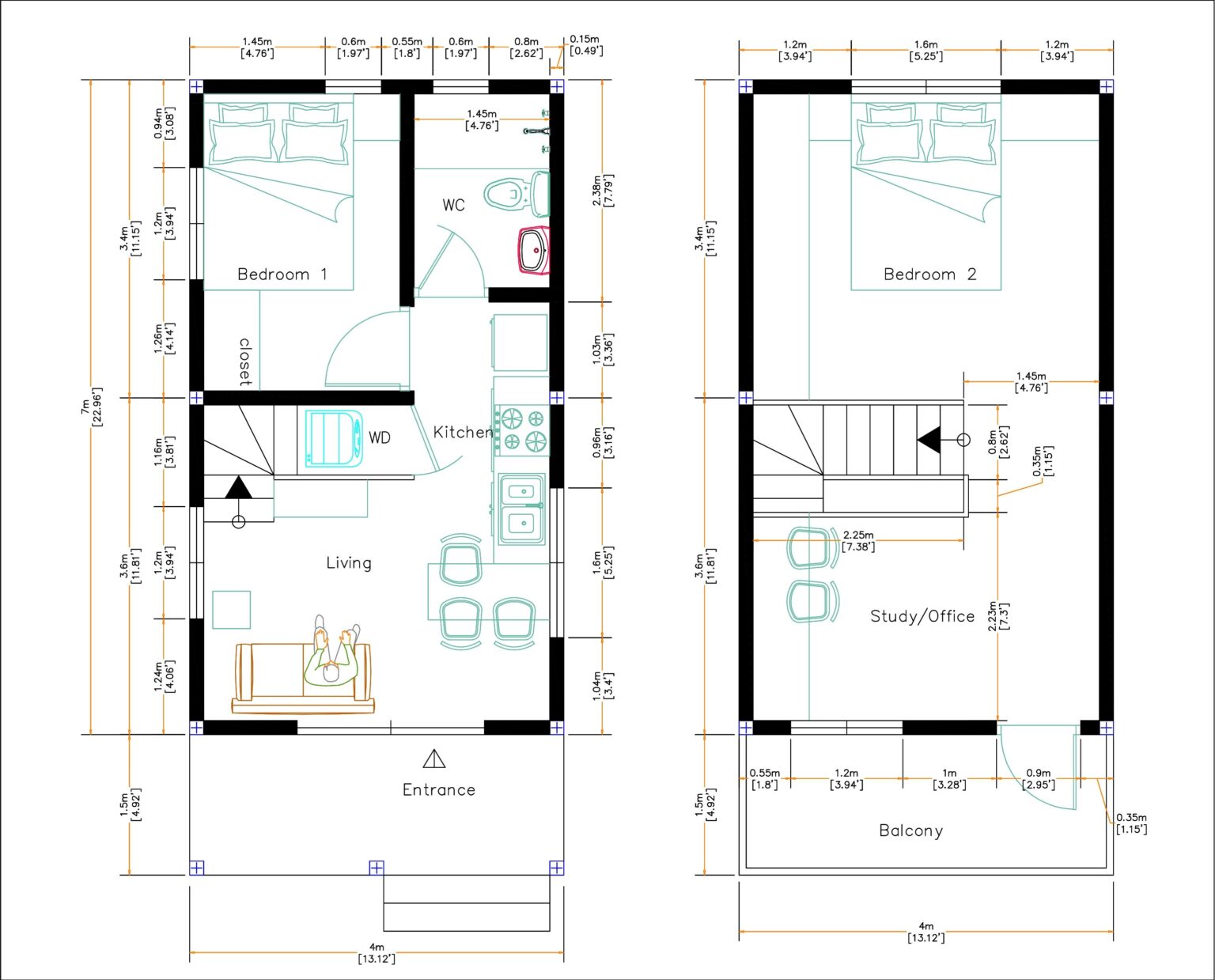 Small House Design 4x7 Meter House Plans 13x23 Feet 2 Beds 1 Bath ...
