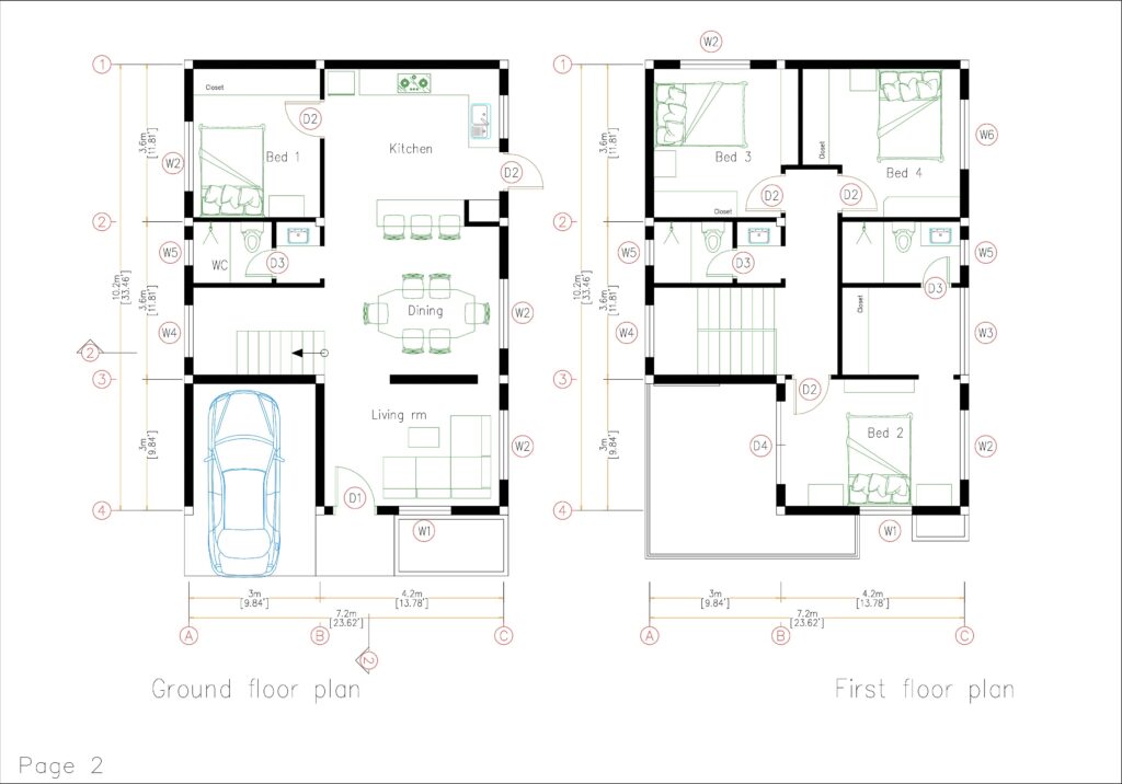 House Design Plan 7x10 Meter 23x33 Feet 4 Beds 3 Baths Flat Roof PDF Plan - SamHousePlans