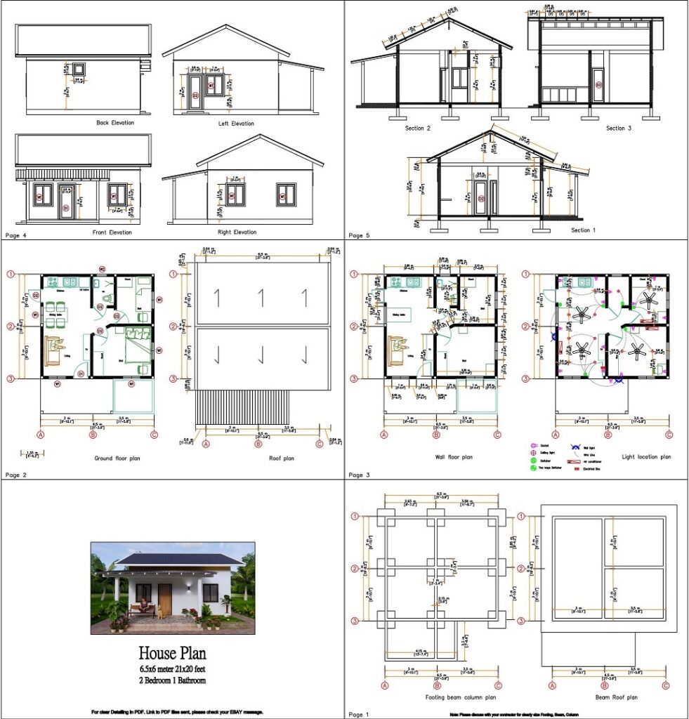 Small House Plan 6.5x6 Meter Home Design 21x20 Feet 2 Bed 1 Bath ...