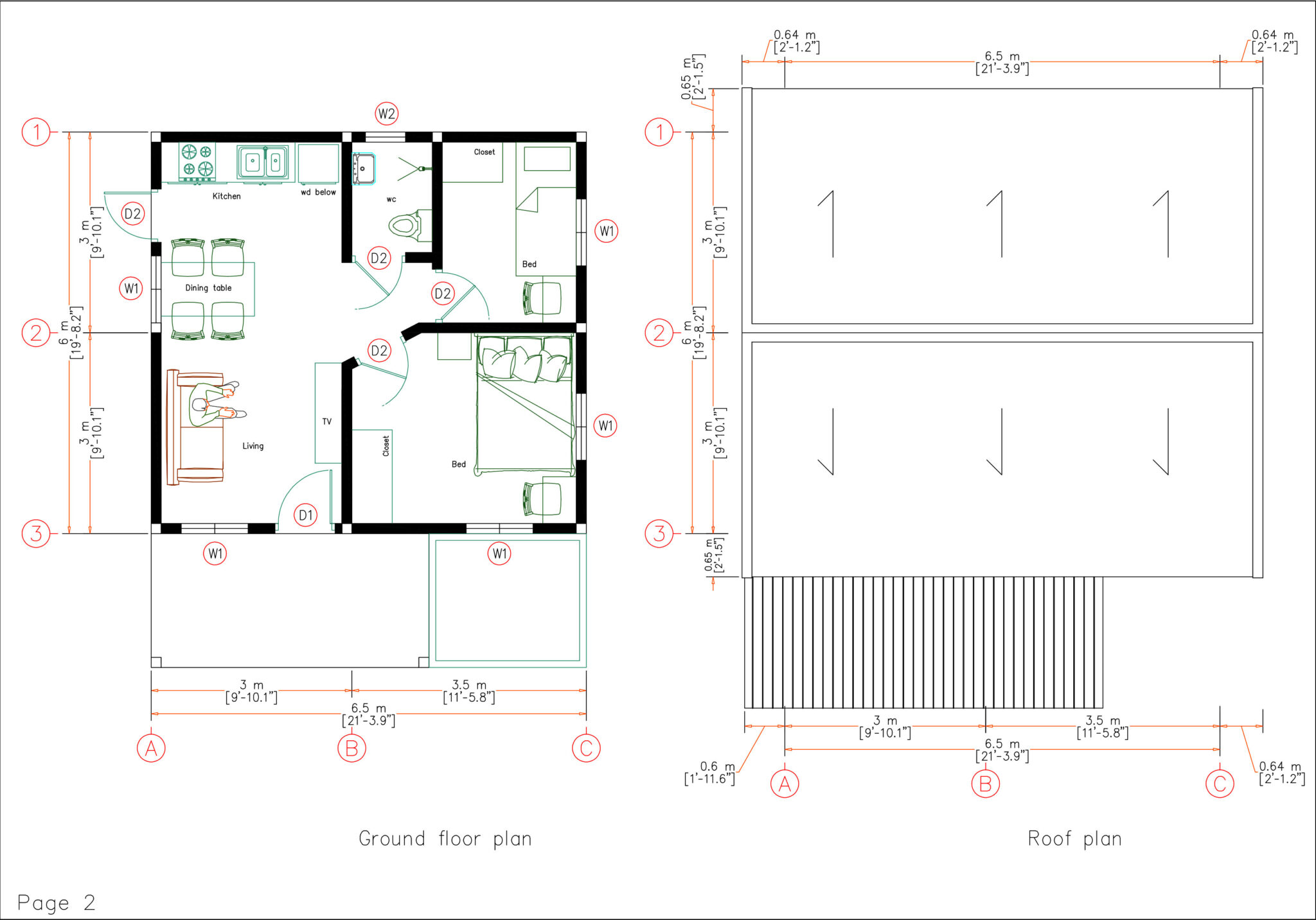 Small House Plan 6.5x6 Meter Home Design 21x20 Feet 2 Bed 1 Bath ...
