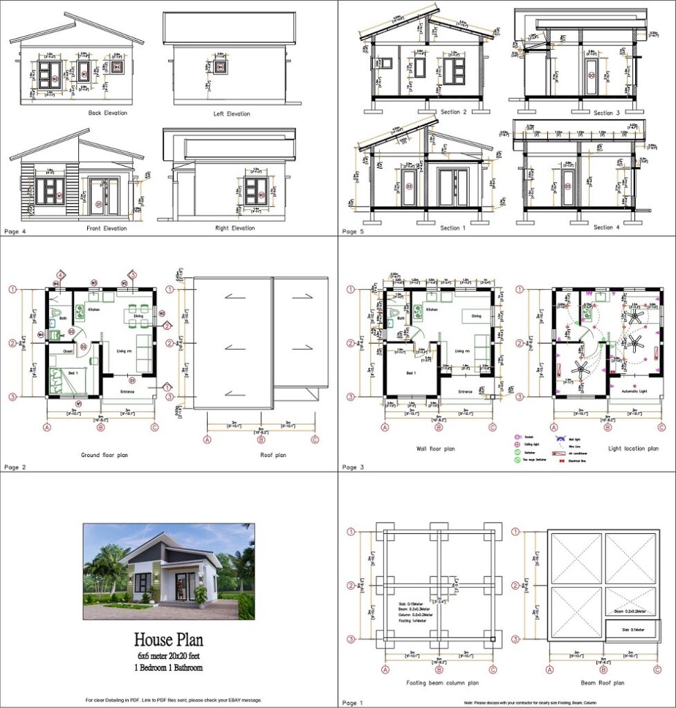 Small House Plan 6x6 Meter Home Design 20x20 Feet 1 Bed 1 Bath PDF Plan ...