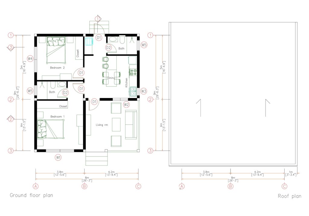 Small House Plan 8x9 Meter House Design 26x30 Feet 2 Beds - SamHousePlans